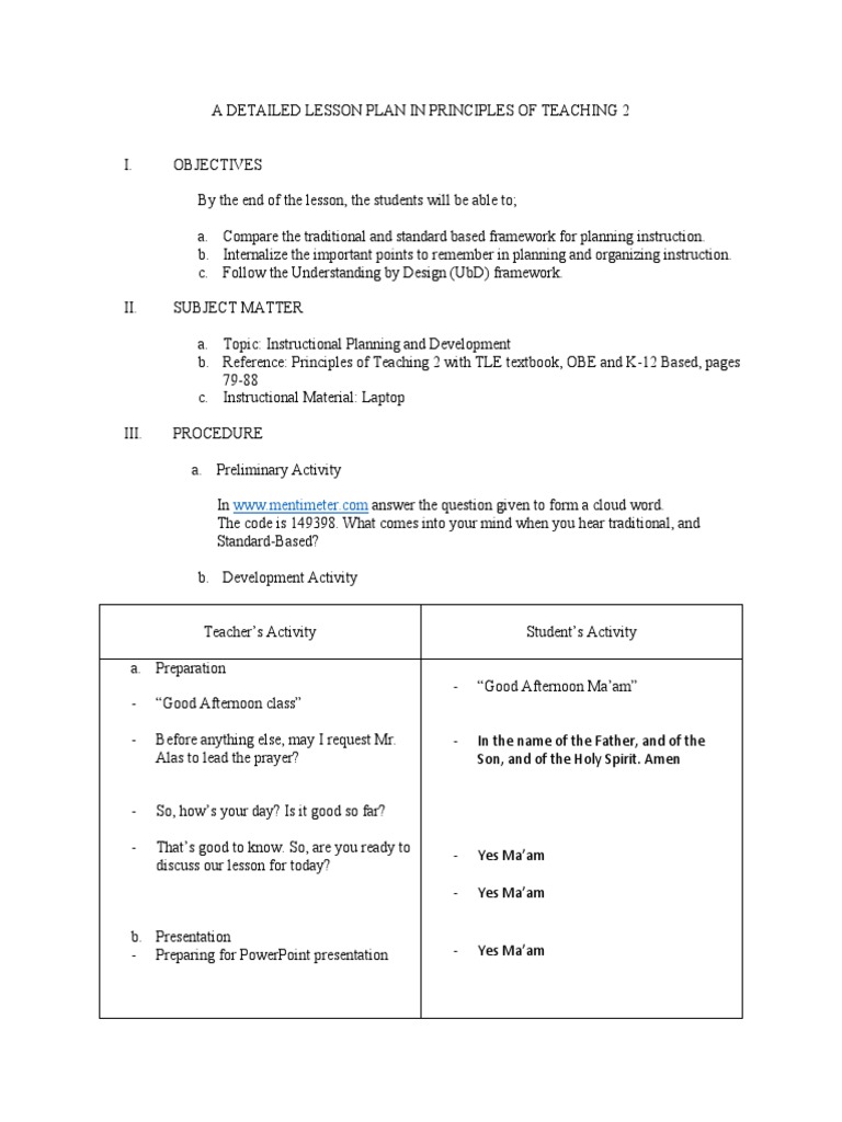 A Detailed Lesson Plan in Principles of Teaching 2 | PDF | Educational ...