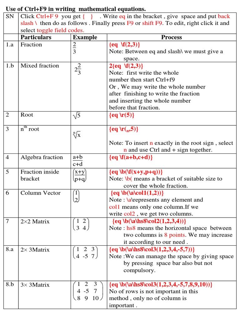 CTRL+F 9 Eq Back Slash / F9 Shift F9 Toggle Field Codes | PDF ...