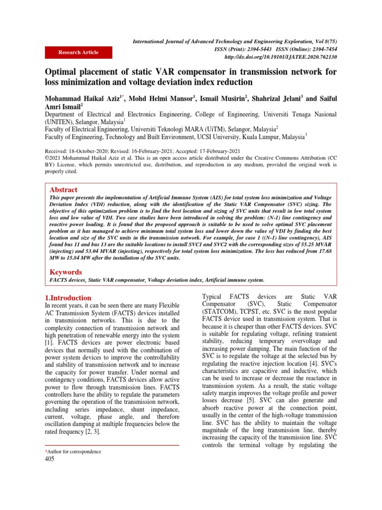 Optimal Placement Of Static Var Compensator In Transmission Network For