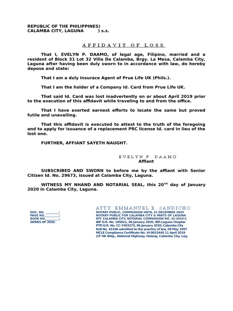 Affidavit of Loss-Company Id | PDF