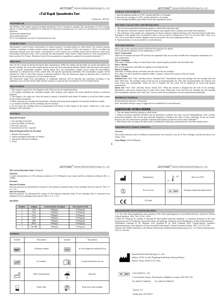 BT2101 IFU cTnI-20190910 | PDF | Chemistry | Clinical Medicine