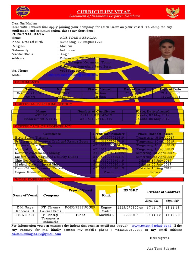 Curriculum Vitae: Document of Indonesia Seafarer Database | PDF ...