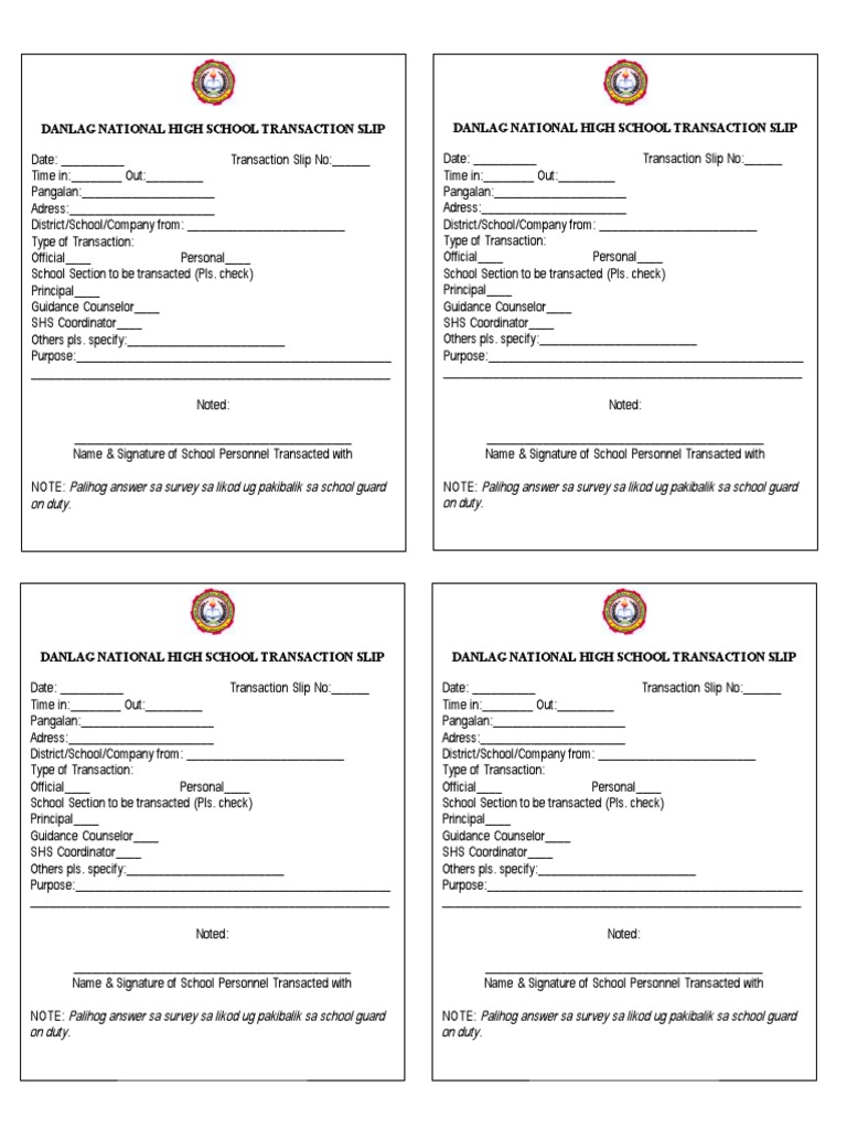 Danlag National High School Transaction Slip Danlag National High ...