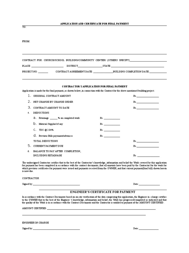 APPLICATION AND CERTIFICATE FOR FINAL PAYMENT | Business Law | Private Law