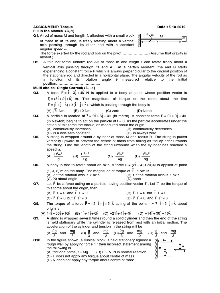 Torque Physics Assignment Questions | PDF | Rotation Around A Fixed ...