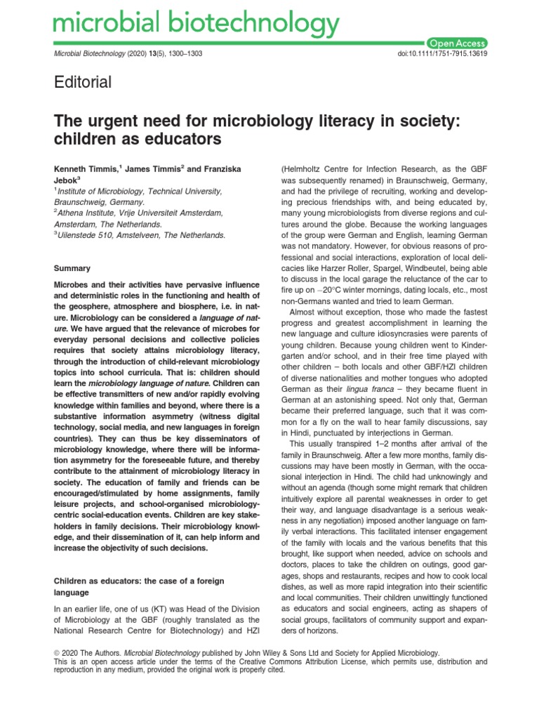 Editorial The Urgent Need For Microbiology Literacy in Society ...