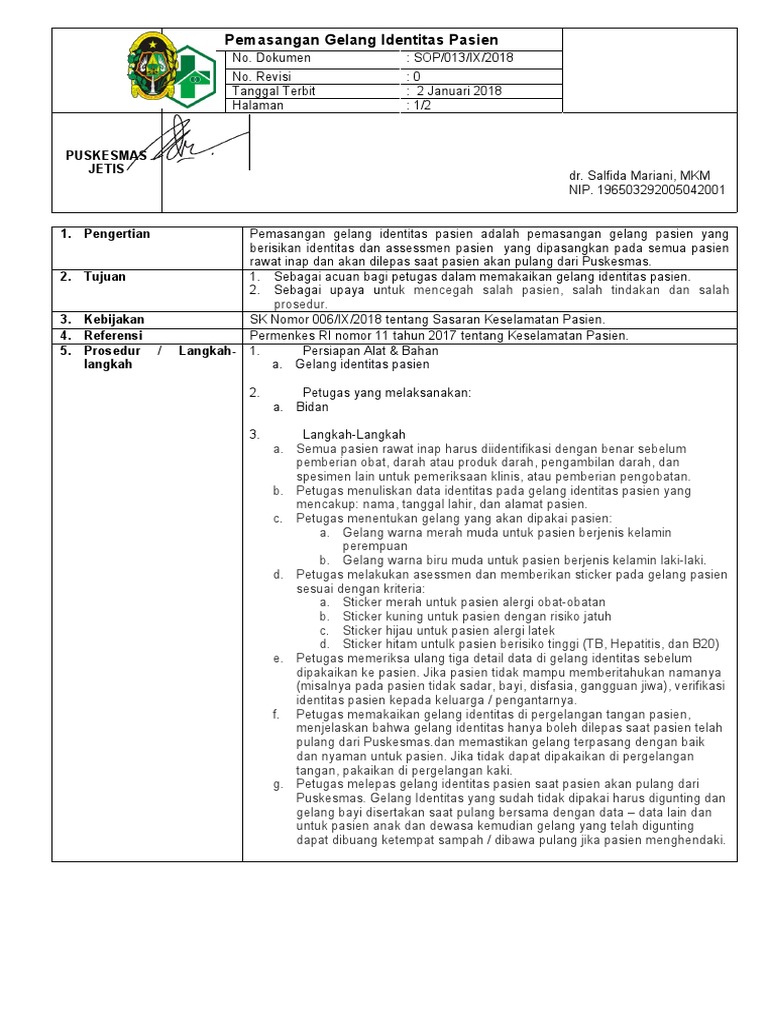 SOP Gelang Identitas Pasien | PDF