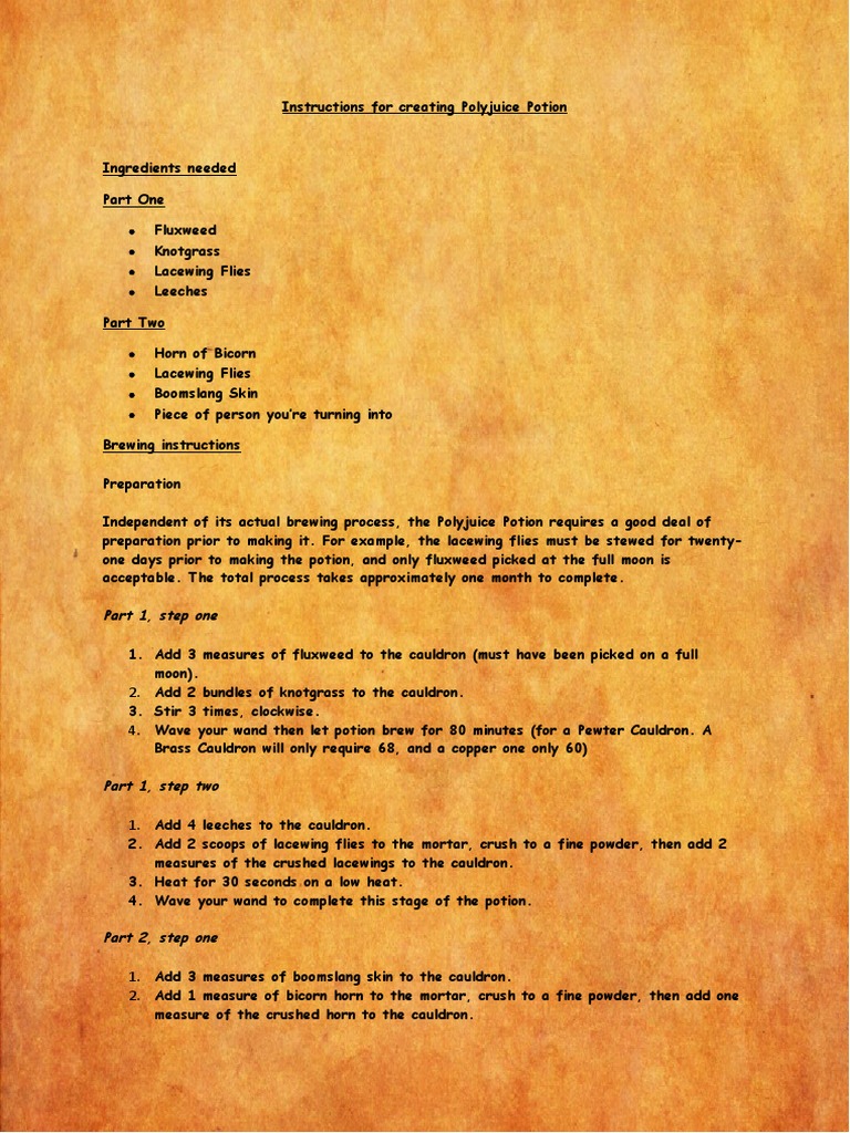 Instructions For Creating Polyjuice Potion | PDF | Cooking, Food & Wine