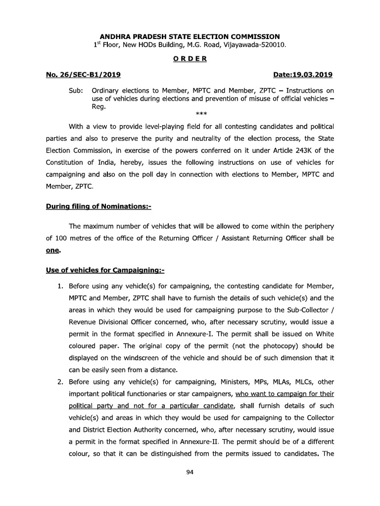 Use of Vehicles & Permission - MPTC-ZPTC Elections | PDF