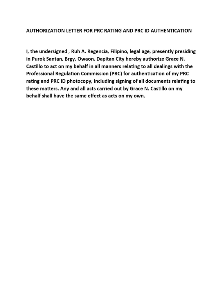 Authorization Letter For Prc Rating And Prc Id Authentication Pdf