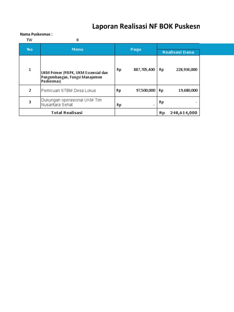 Laporan Realisasi BOK Puskesmas | PDF