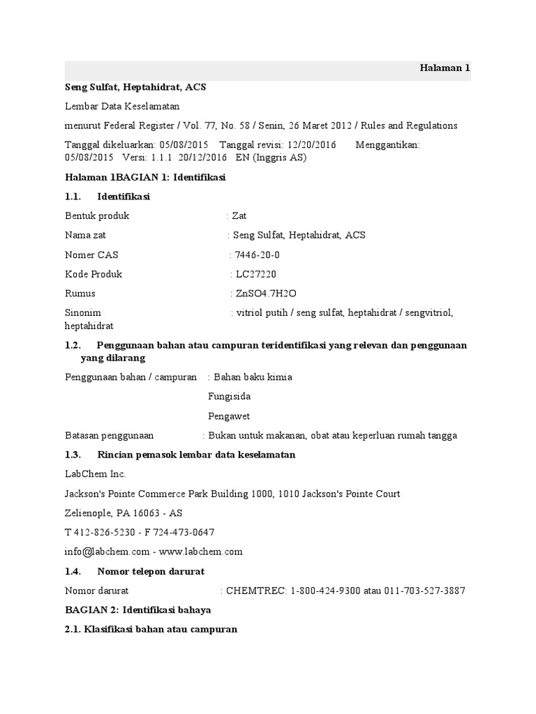 Lembar Data Keselamatan ZnSO4.7H2O | PDF