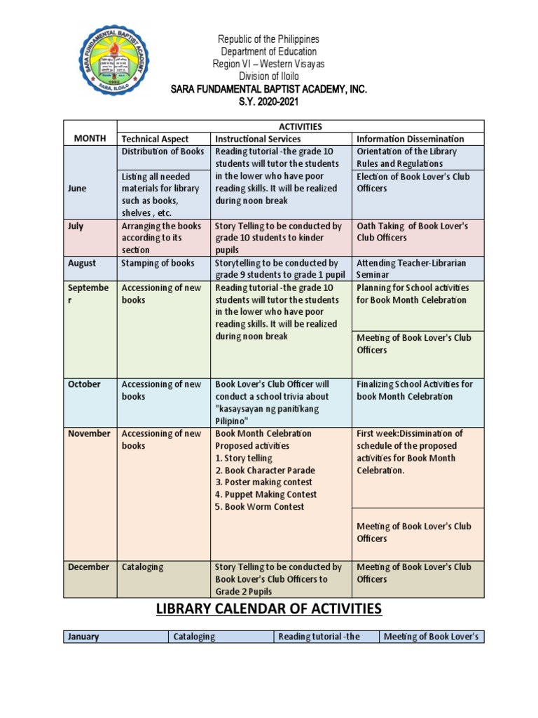 Calendar of Activities | PDF | Library And Museum | Further Education