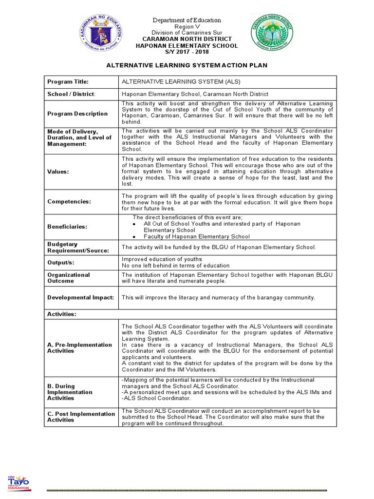 Alternative Learning System Action Plan: Department of Education | PDF ...