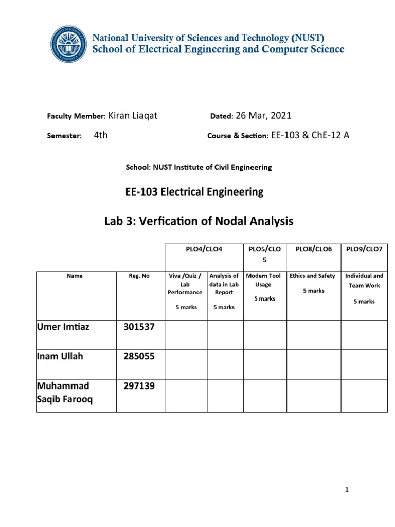 Lab 3: Verfication of Nodal Analysis: EE-103 Electrical Engineering | PDF | Electronic Circuits ...