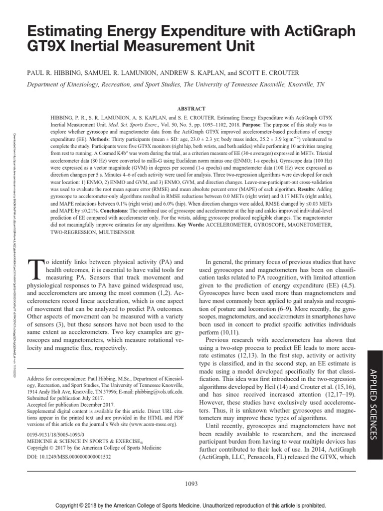 Estimating Energy Expenditure With Actigraph Gt9X Inertial Measurement ...