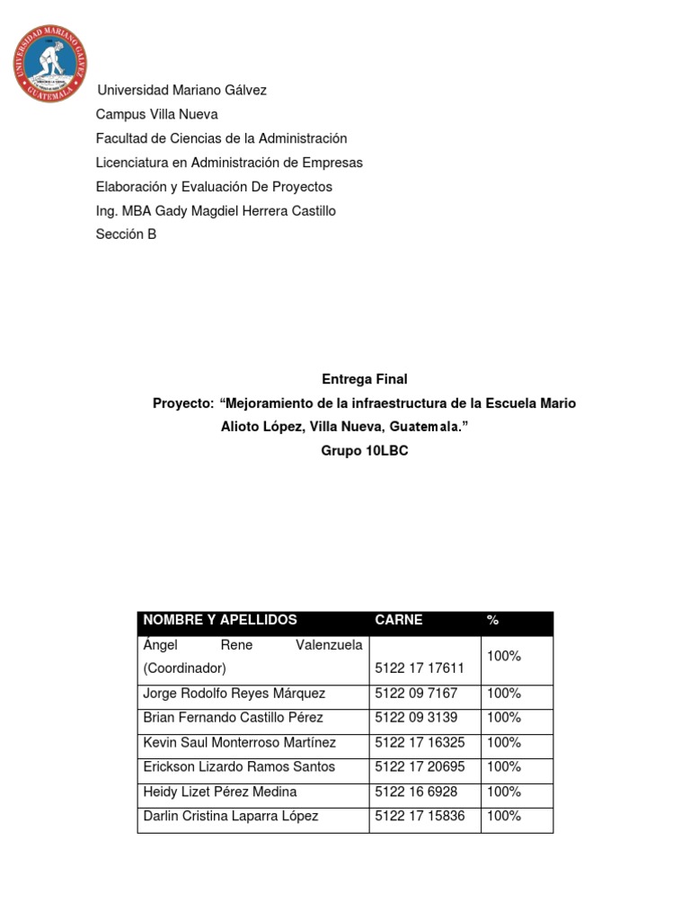 Mejoramiento infraestructura Escuela Mario Alioto Villa Nueva | PDF ...