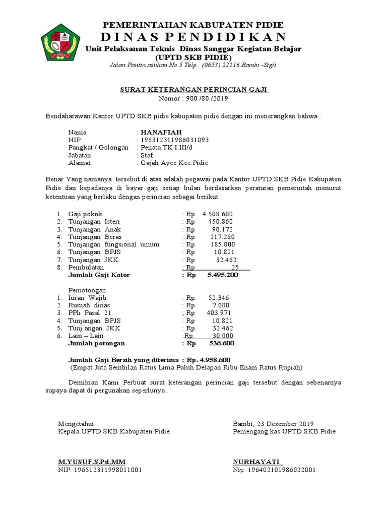 Surat Keterangan Perincian Gaji | PDF