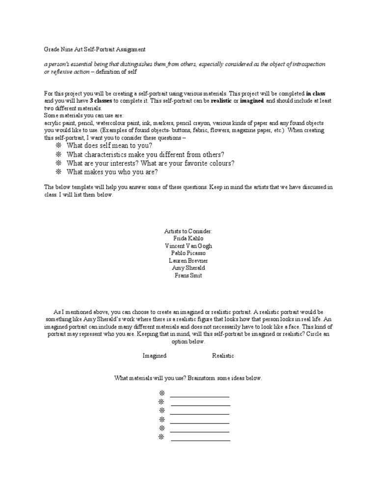 Grade Nine Art Self-Portrait Assignment Performance Task | PDF ...