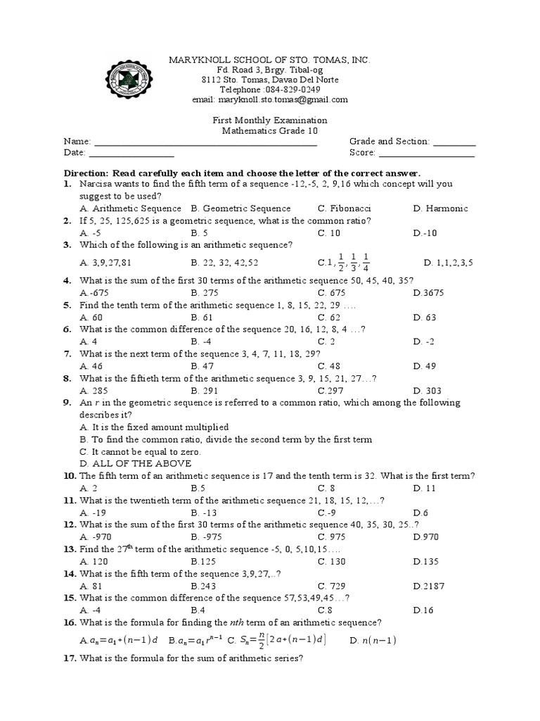 Grade 10 Mathematics Monthly Exam | PDF