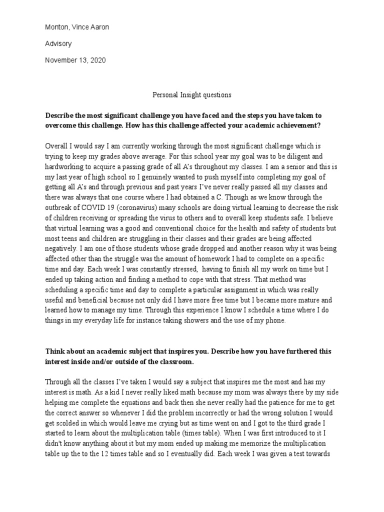 Personal Insight Questions - 2 | PDF | Drawing | Human Nature