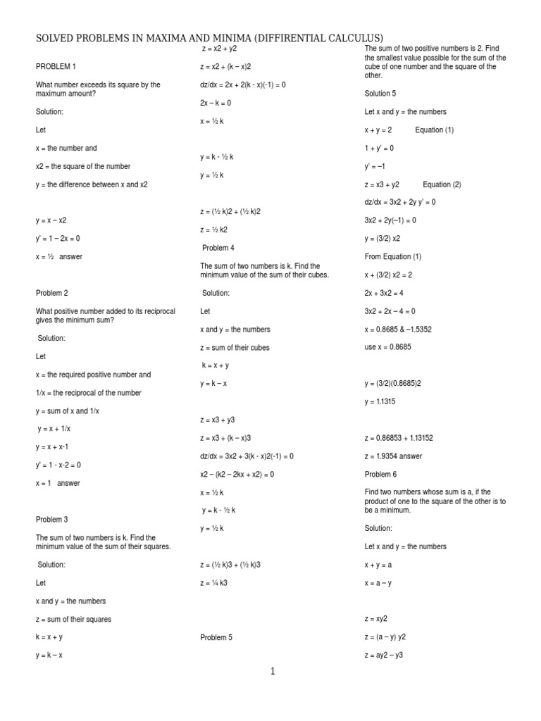 Solved Problems in Maxima and Minima (Diffirential Calculus) | PDF | Area | Maxima And Minima
