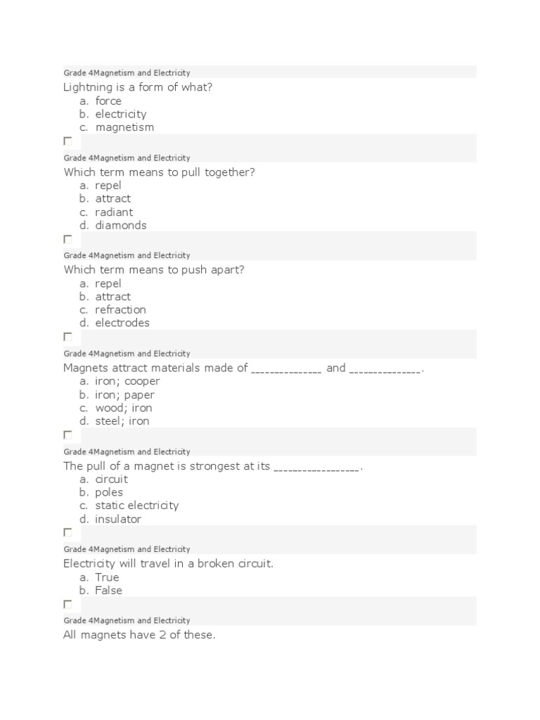 Grade 4magnetism and Electricity | PDF | Magnet | Electricity