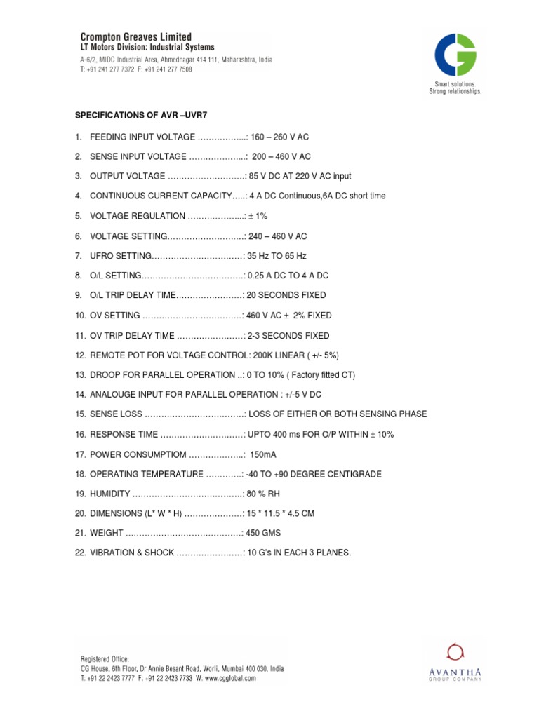 Specifications of Avr - Uvr7 | PDF | Metrology | Electricity