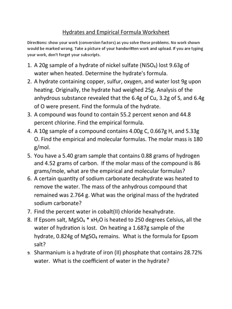 Hydrates and Empirical Formulas Worksheet | PDF