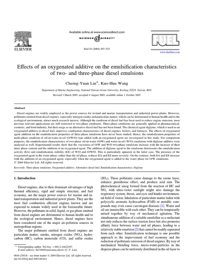 Effects of An Oxygenated Additive On The Emulsification Characteristics ...