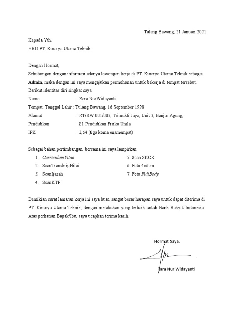 Surat Lamaran Admin Rara | PDF