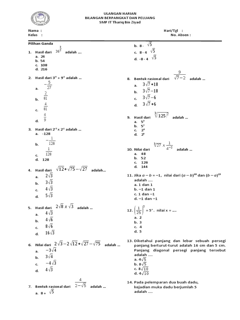 SOAL UH MTK KELAS 9 Bil - Pangkat Dan Peluang | PDF