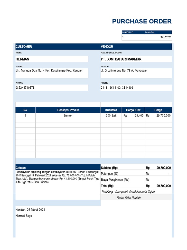 Contoh Surat Purchase Order Barang | PDF