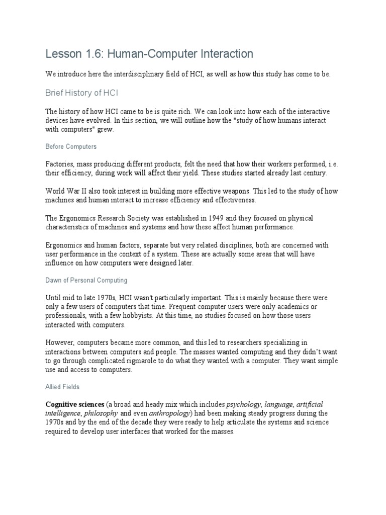 Lesson 1.6: Human-Computer Interaction: Brief History of HCI | PDF ...