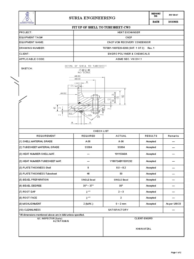 FIT UP REPORT-CATEGORY Tubesheet To Shell | PDF | Building Engineering ...