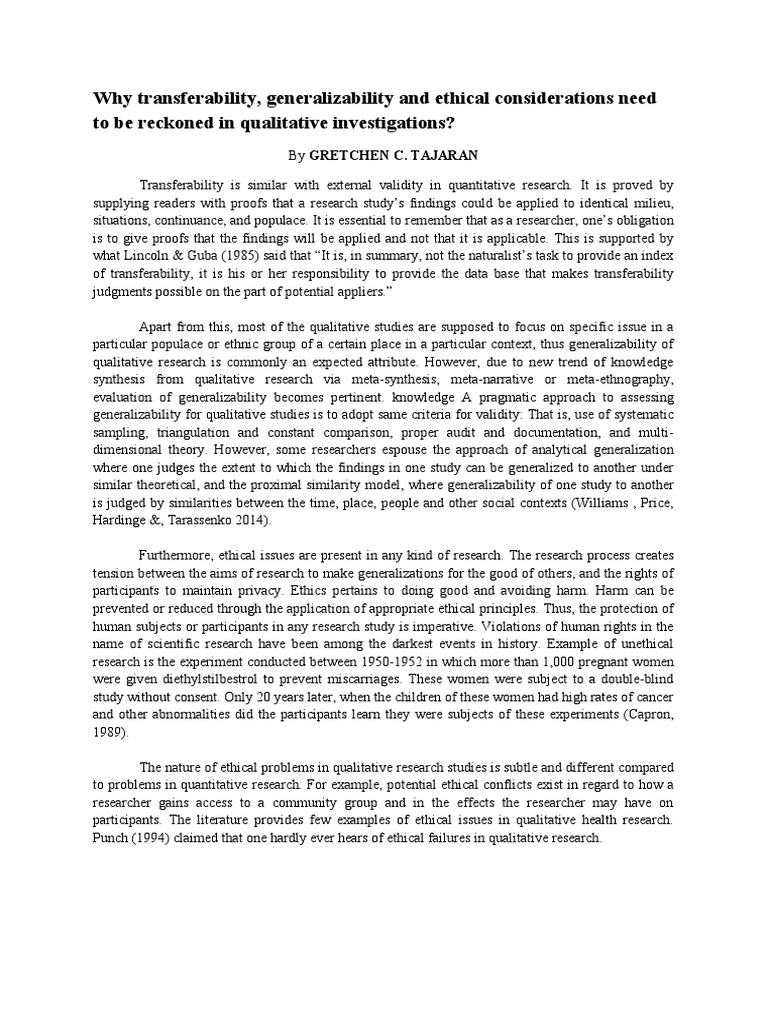 ED602 Transferability, Generalizability and Ethical Considerations | PDF | Qualitative Research ...