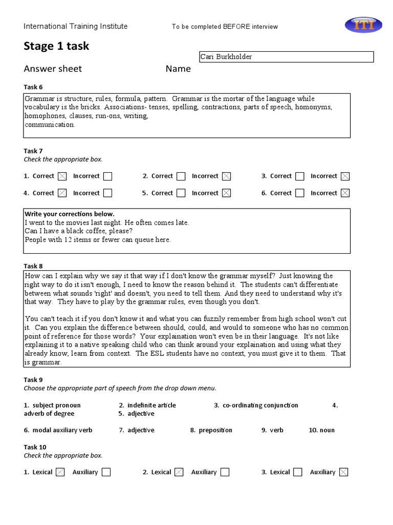 Stage 1 Task: Answer Sheet Name | PDF | Perfect (Grammar) | Verb