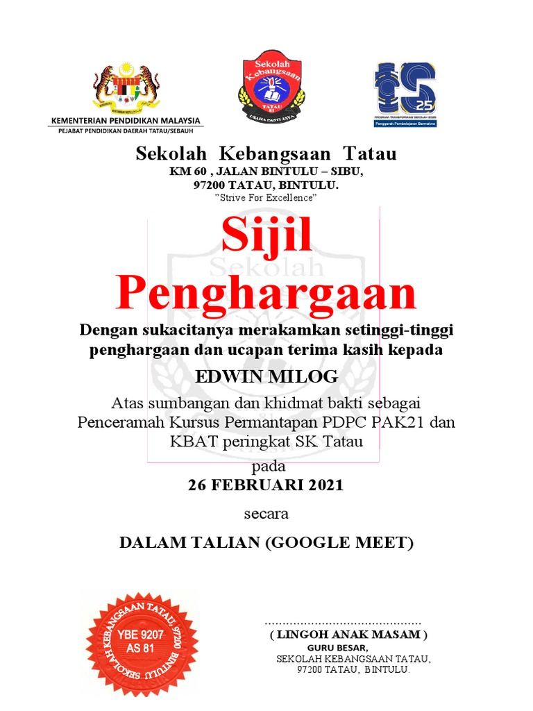 Sijil Penghargaan Penceramah Kursus Pemantapan PDPC Pak 21 | PDF