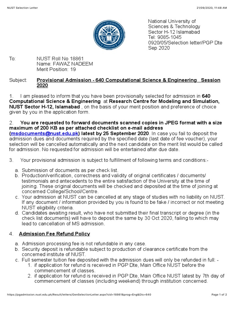 NUST Selection Letter | PDF | Business | Computing And Information ...