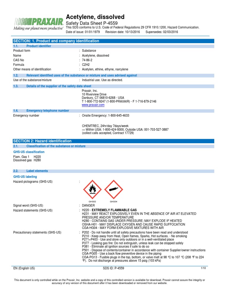 Acetylene Gas c2h2 Safety Data Sheet Sds p4559 | PDF | Firefighting ...