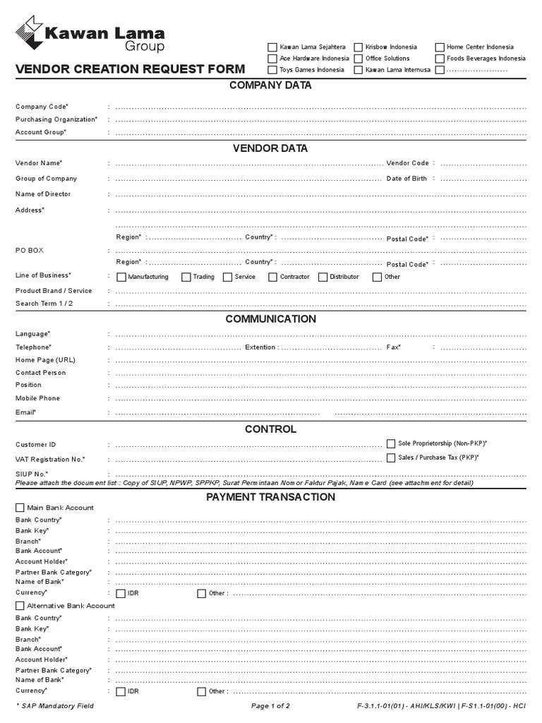 Vendor Creation Request Form | PDF | Payments | Invoice