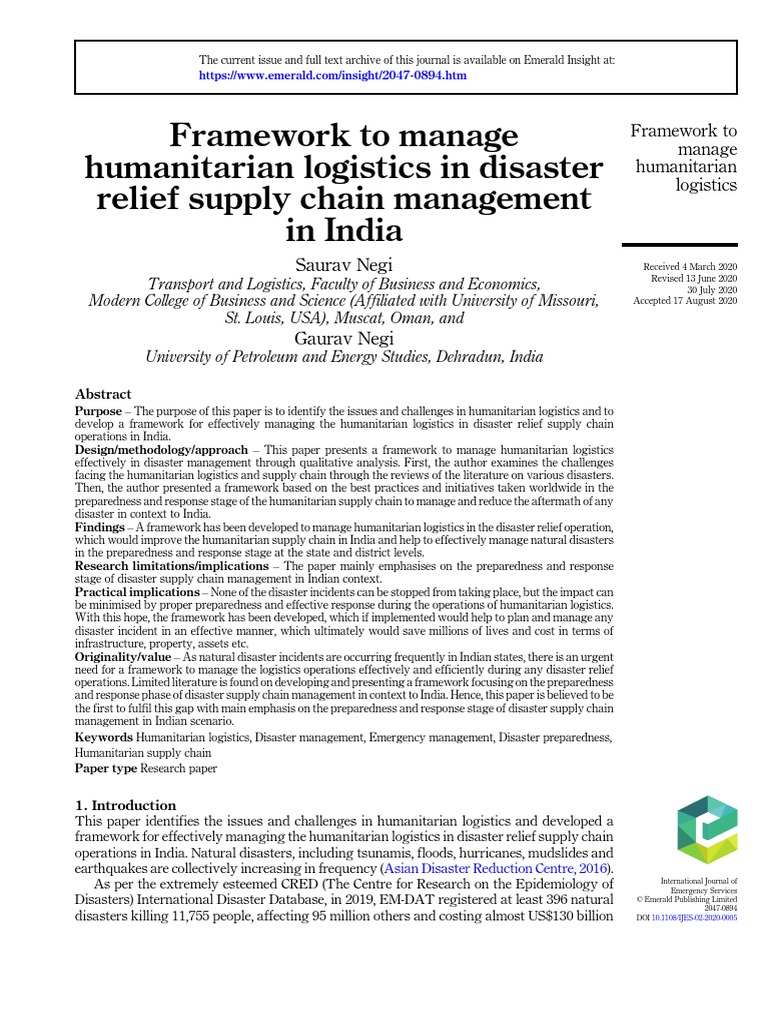 Framework To Manage Humanitarian Logistics In Disaster Relief Supply