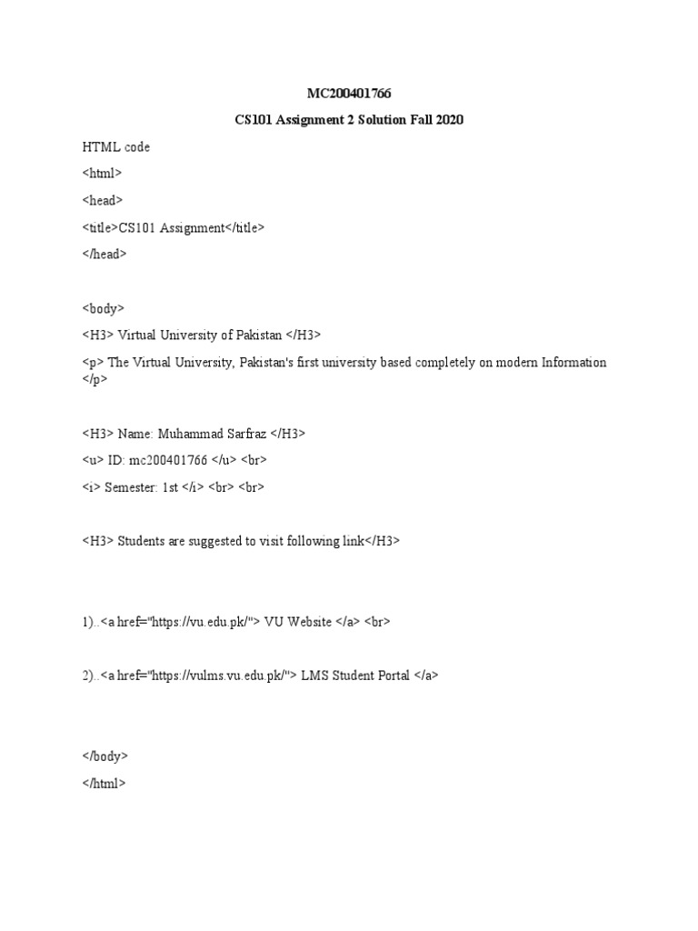 MC200401766 CS101 Assignment 2 Solution Fall 2020 | PDF