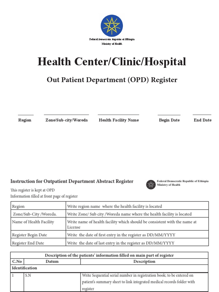 Health Center/Clinic/Hospital: Out Patient Department (OPD) Register ...