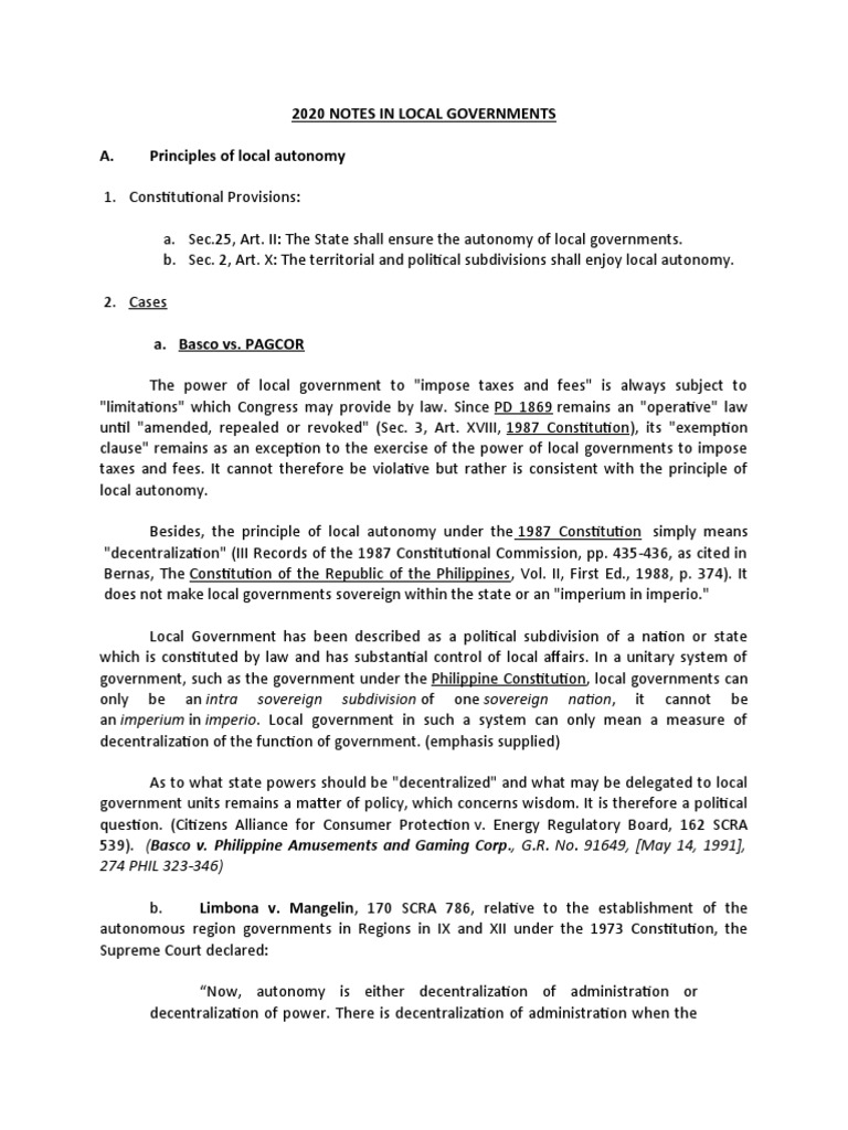2020 Notes in Local Governments A. Principles of Local Autonomy | PDF ...