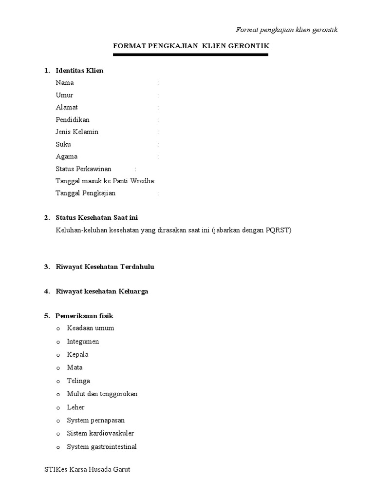 Format Pengkajian Klien Gerontik Untuk Panti | PDF