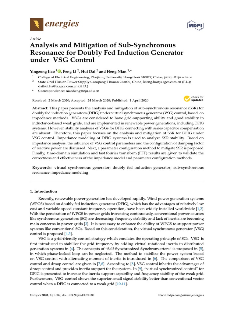 Energies: Analysis and Mitigation of Sub-Synchronous Resonance For Doubly Fed Induction ...