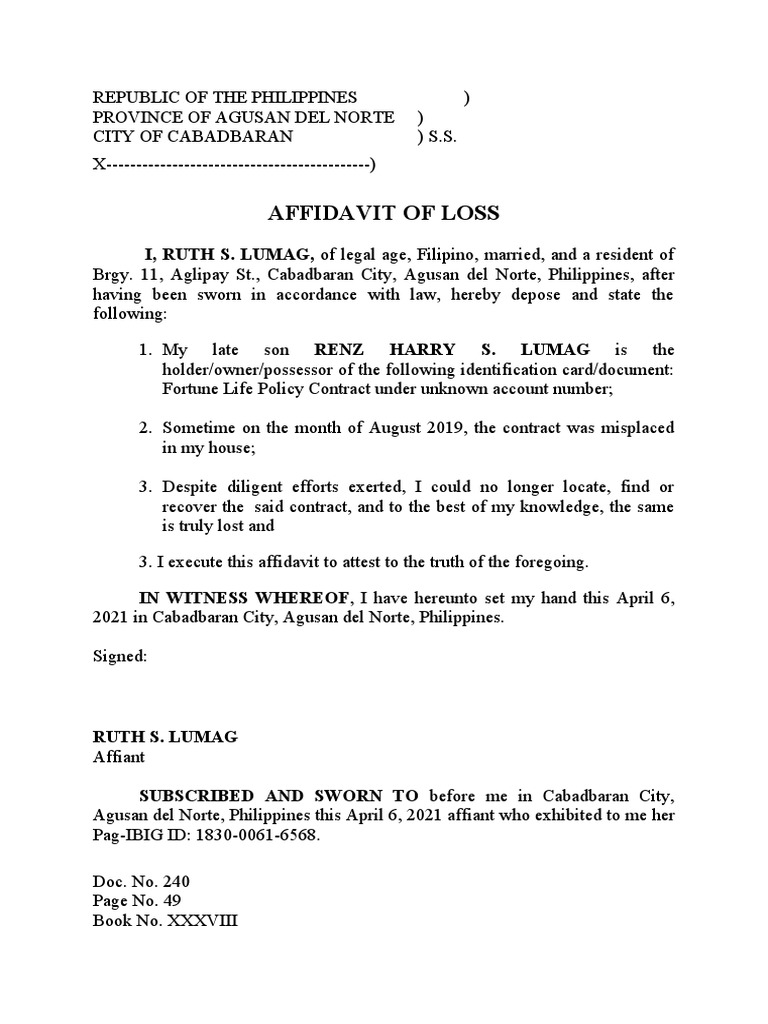 Affidavit of Loss (Policy Contract) | PDF