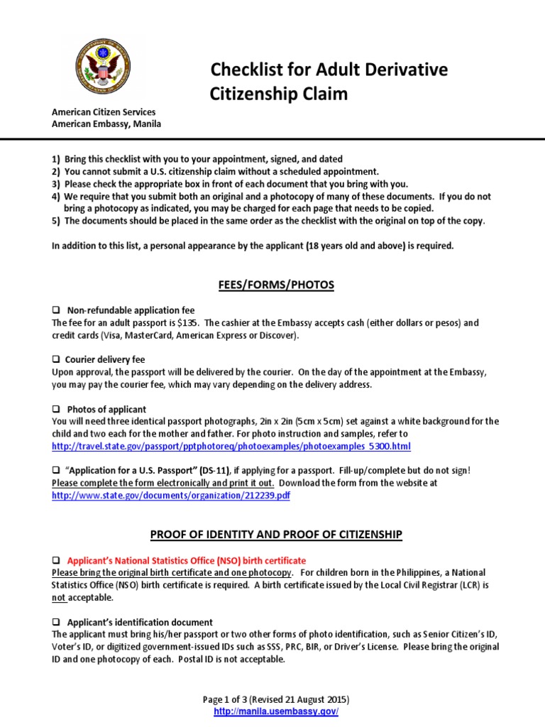 Citizenship - Adult Derivative Cit Claim Checklist For MANILA - 2015 ...