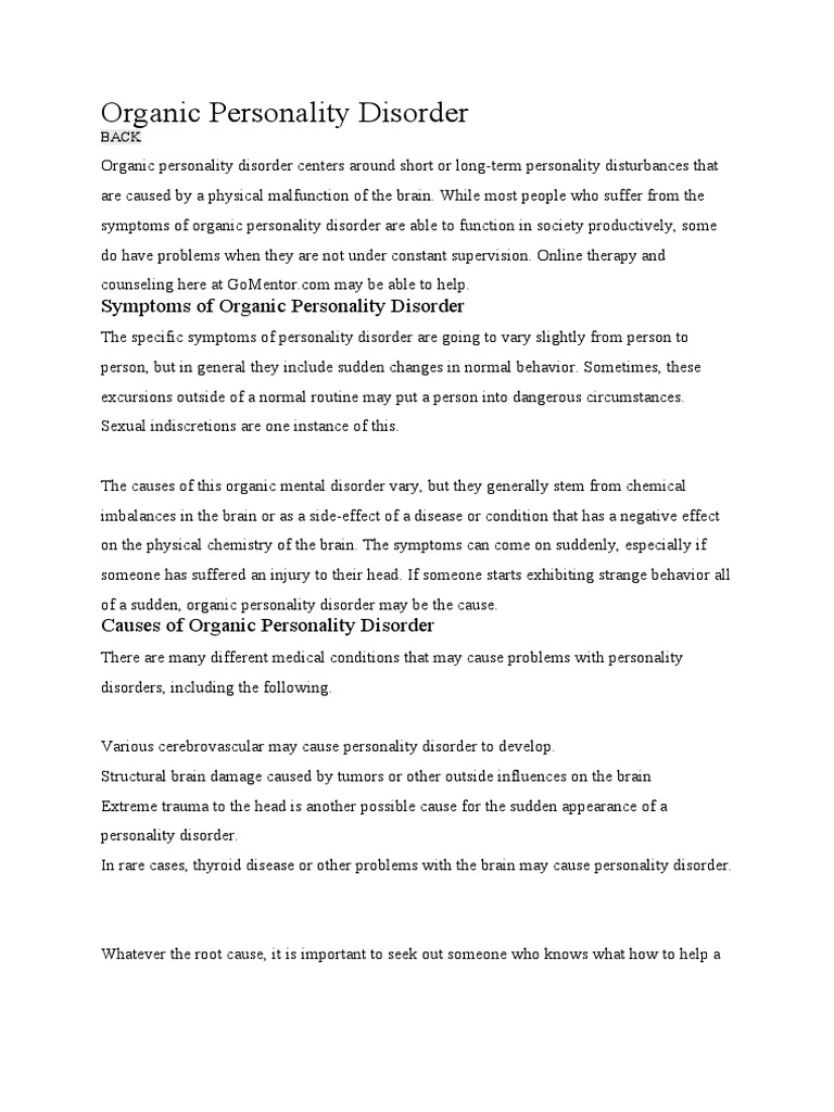 Organic Personality Disorder | PDF | Mental Disorder | Personality Disorder